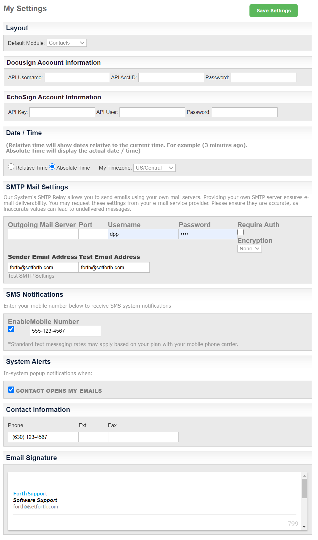 My Settings page – Forth