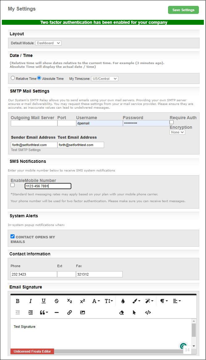 My Settings page – Forth