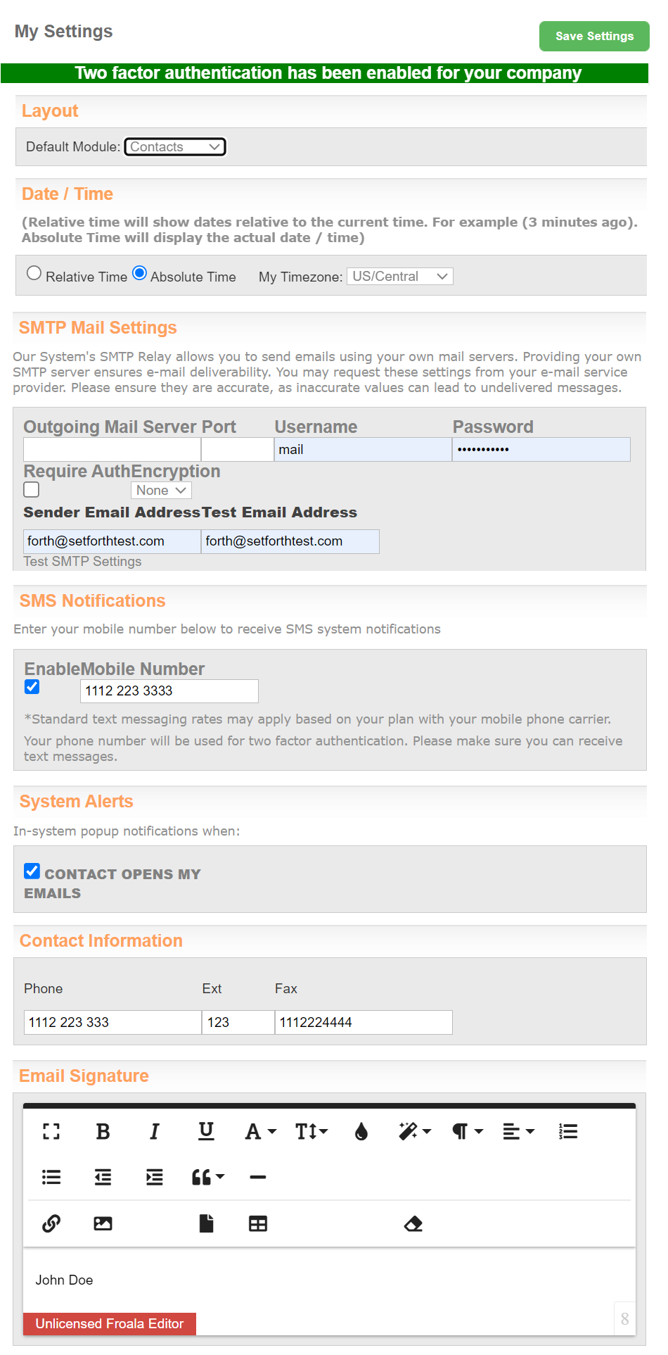 My Settings page – Forth
