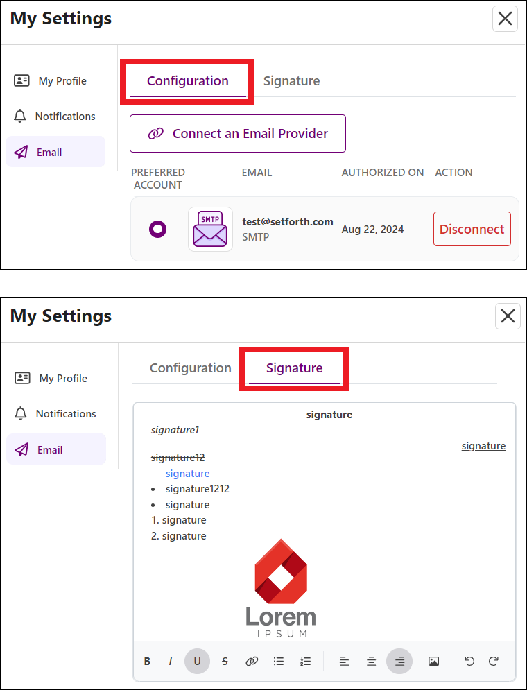 My Settings Page – Forth