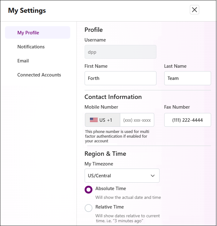 My Settings Page – Forth