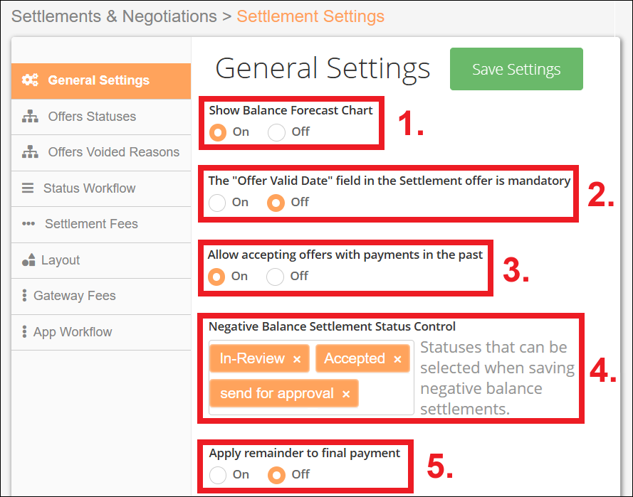 Settlement Tab - General Settings – Forth